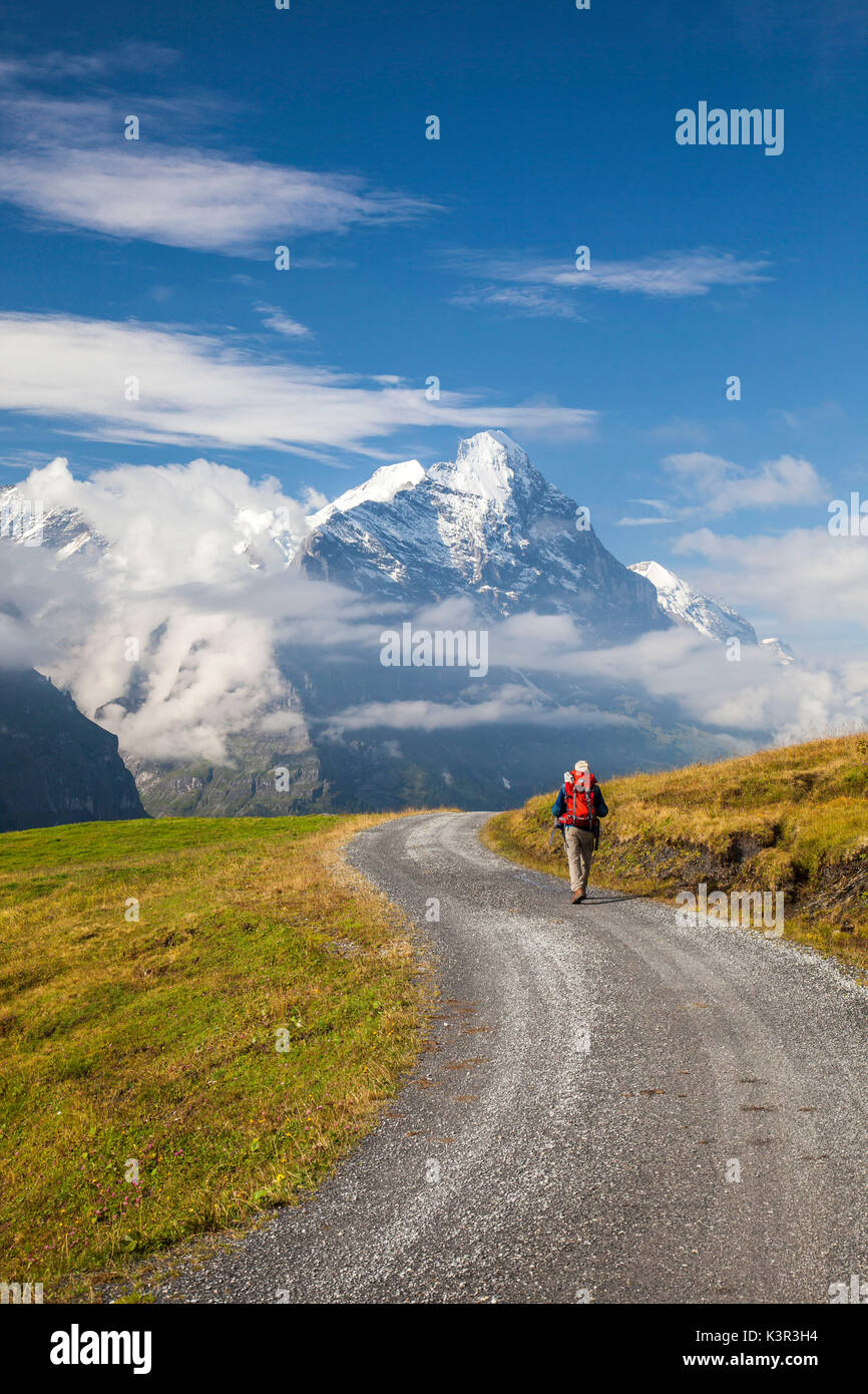 Hiker on the way to Mount Eiger First Grindelwald Bernese Oberland ...