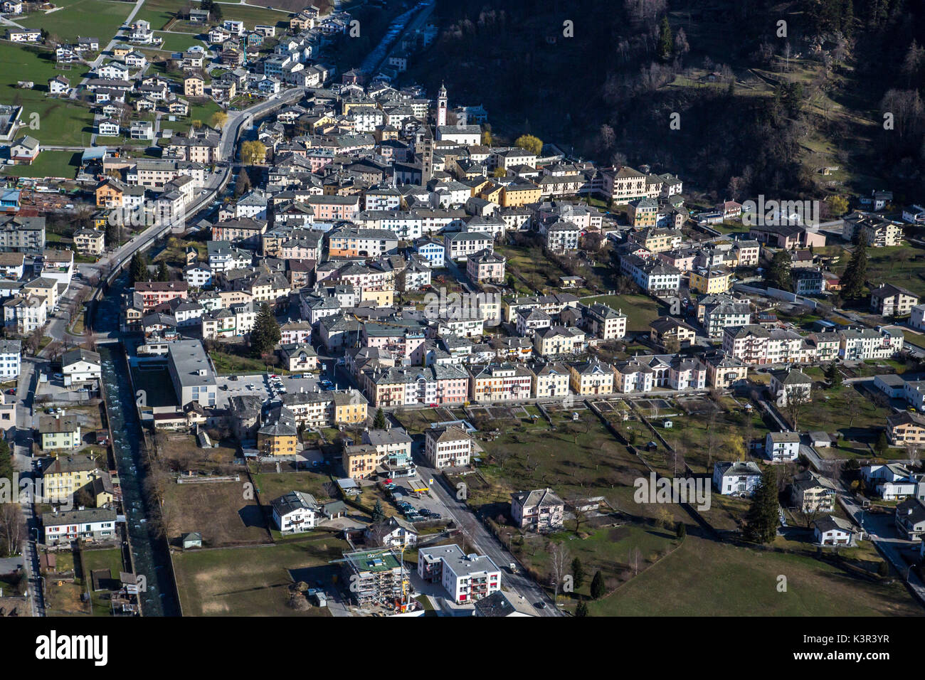 Aerial view of the old town of Poschiavo. Poschiavo Valley, Canton of ...