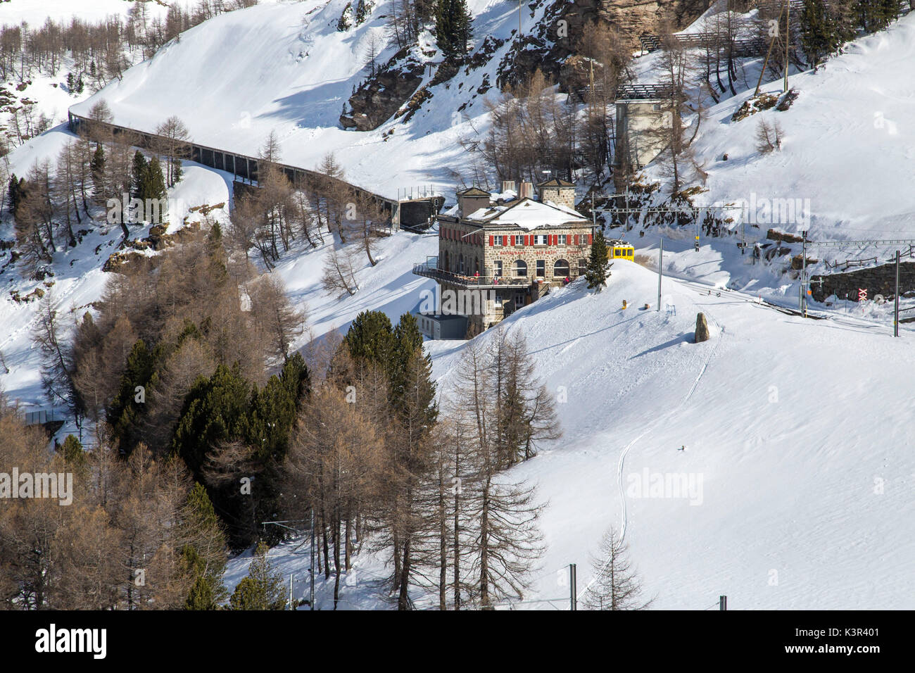 Aerial view of the Raethian Railway of Alp Grum. Bernina Pass ...
