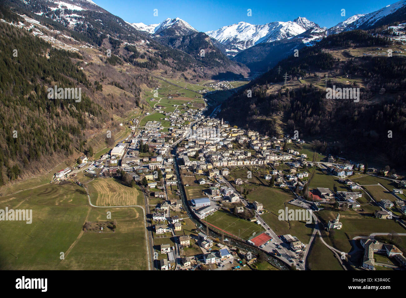 Aerial view of the area of Poschiavo. Poschiavo, Poschiavo Valley ...