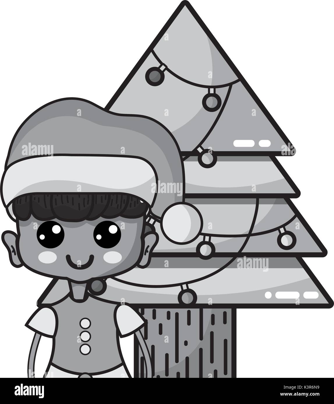 grayscale girl with christmas clothes and pine with lights Stock Vector ...
