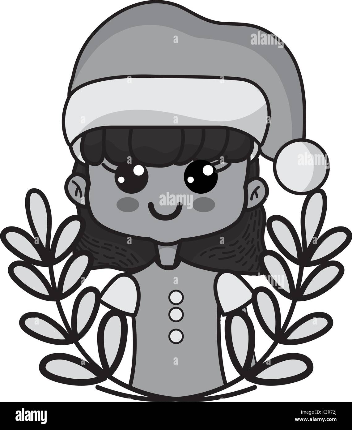 grayscale nice girl with christmas clothes and branches leaves design ...