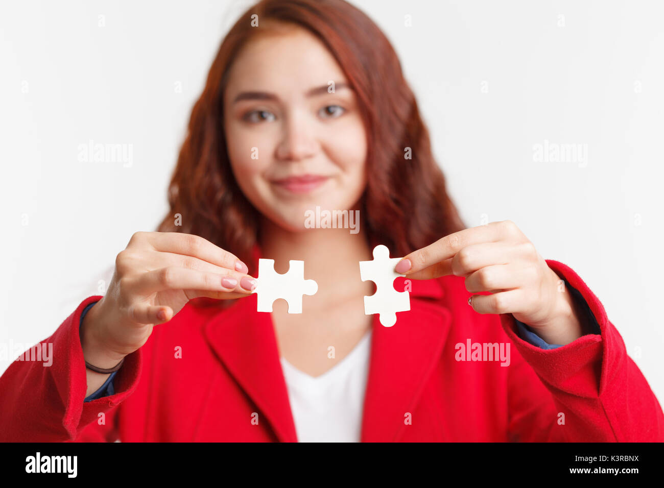 Problem solution concept flat.Man's hand places last detail of puzzle ...