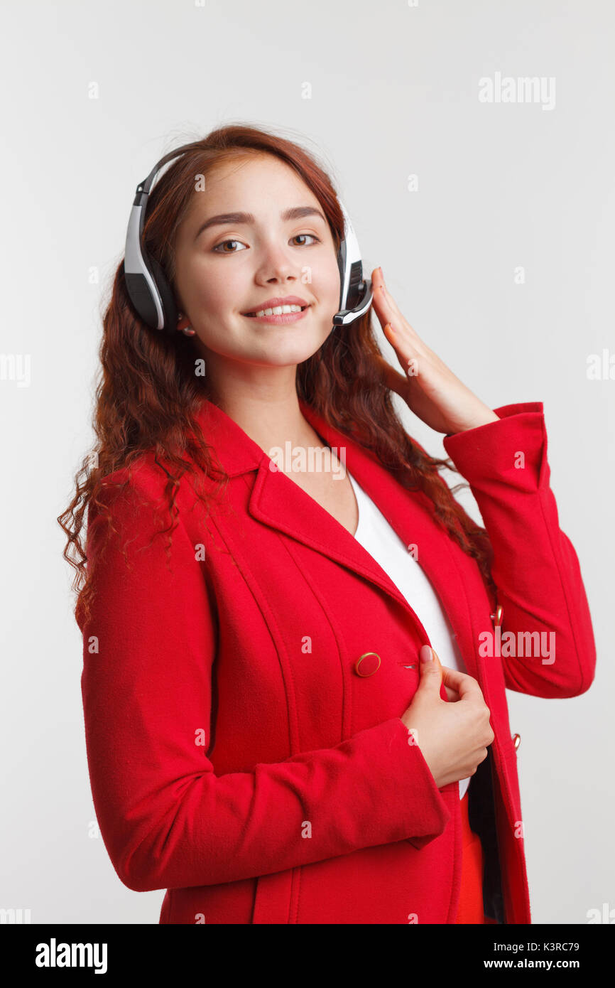 Support phone operator in headset, studio on white background Stock ...