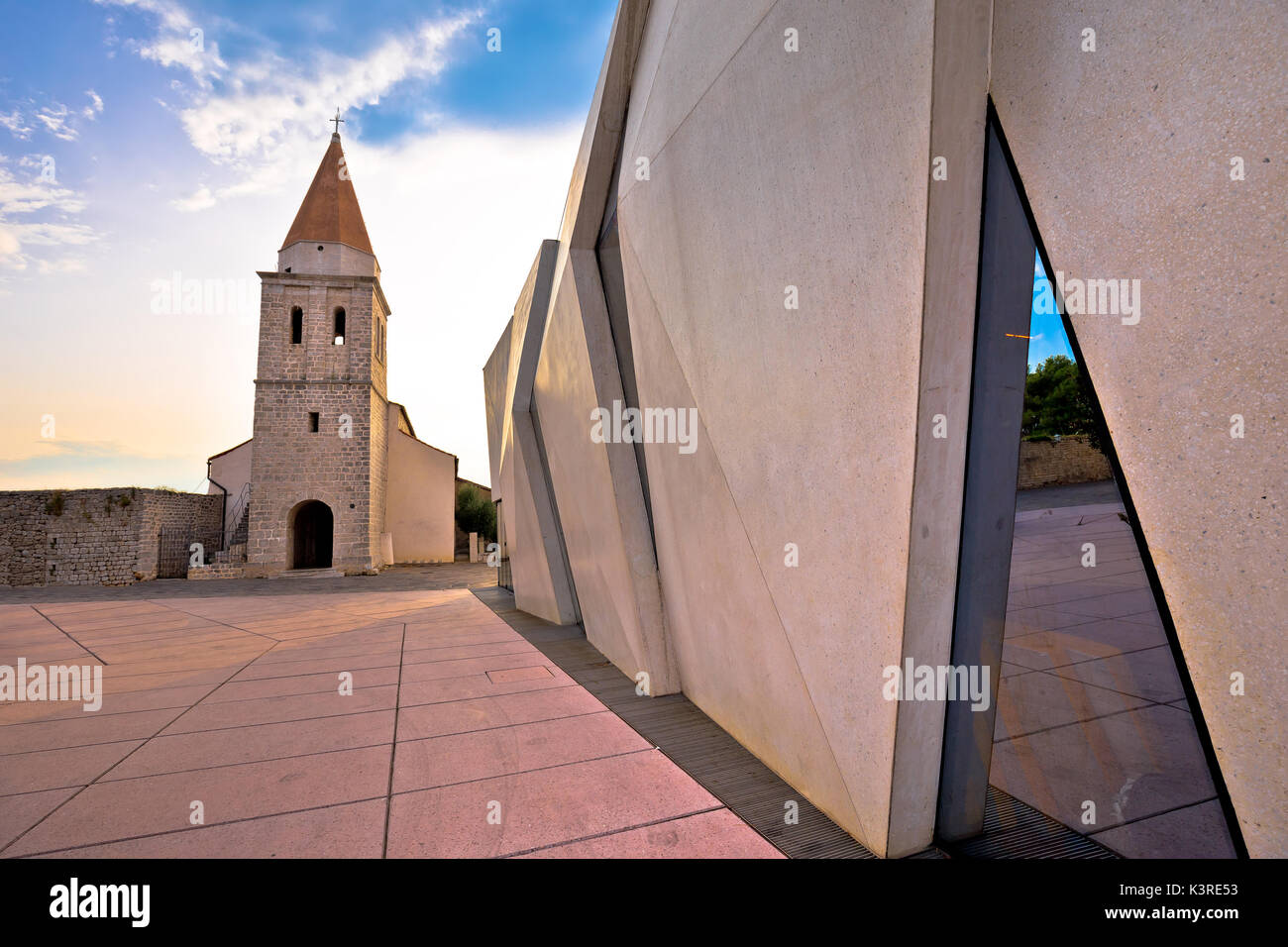 Town of Krk historic square church and modern architecture view ...