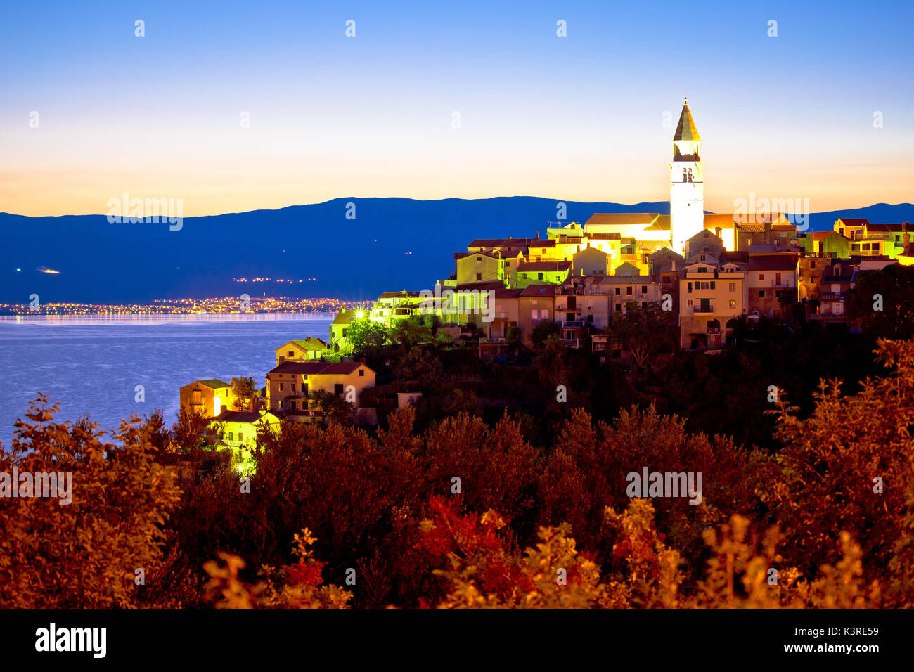 Town of Vrbnik on Krk island sunrise view, Kvarner bay archipelago of ...