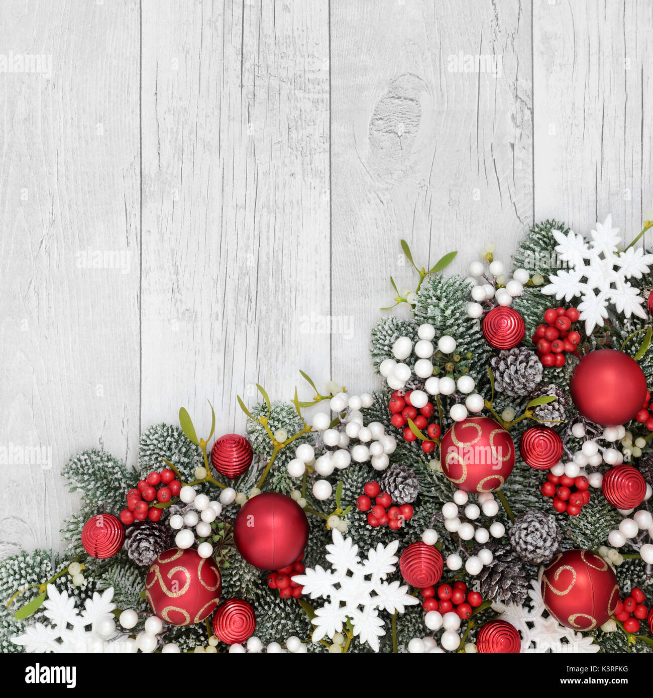 Christmas decorative background border with snowflake and red bauble ...