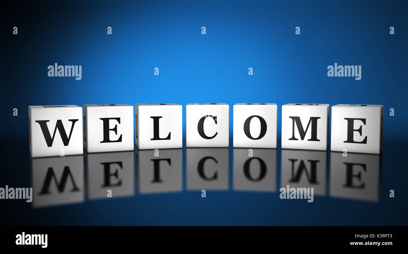 Welcome word and sign on cubes and blue background 3D illustration ...