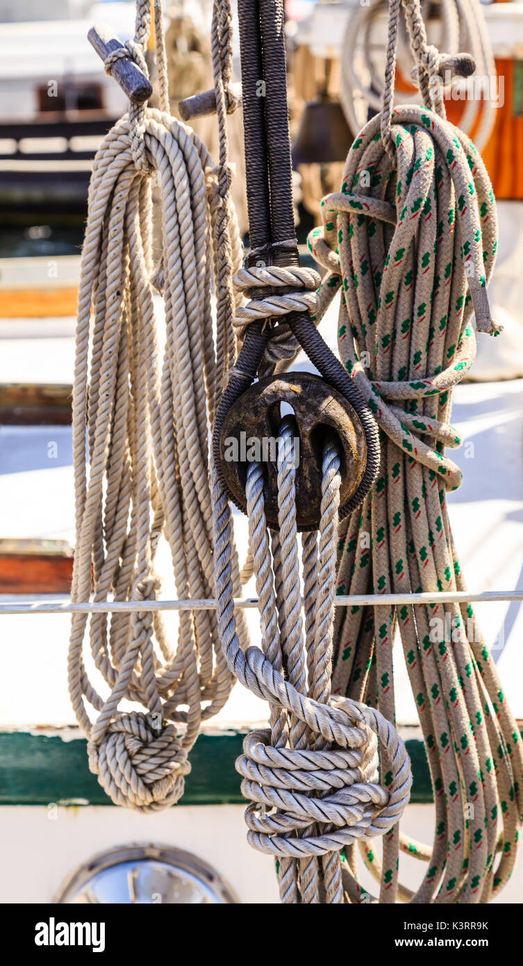 Ropes, rigging and details of equipment on an old sailboat Stock Photo ...