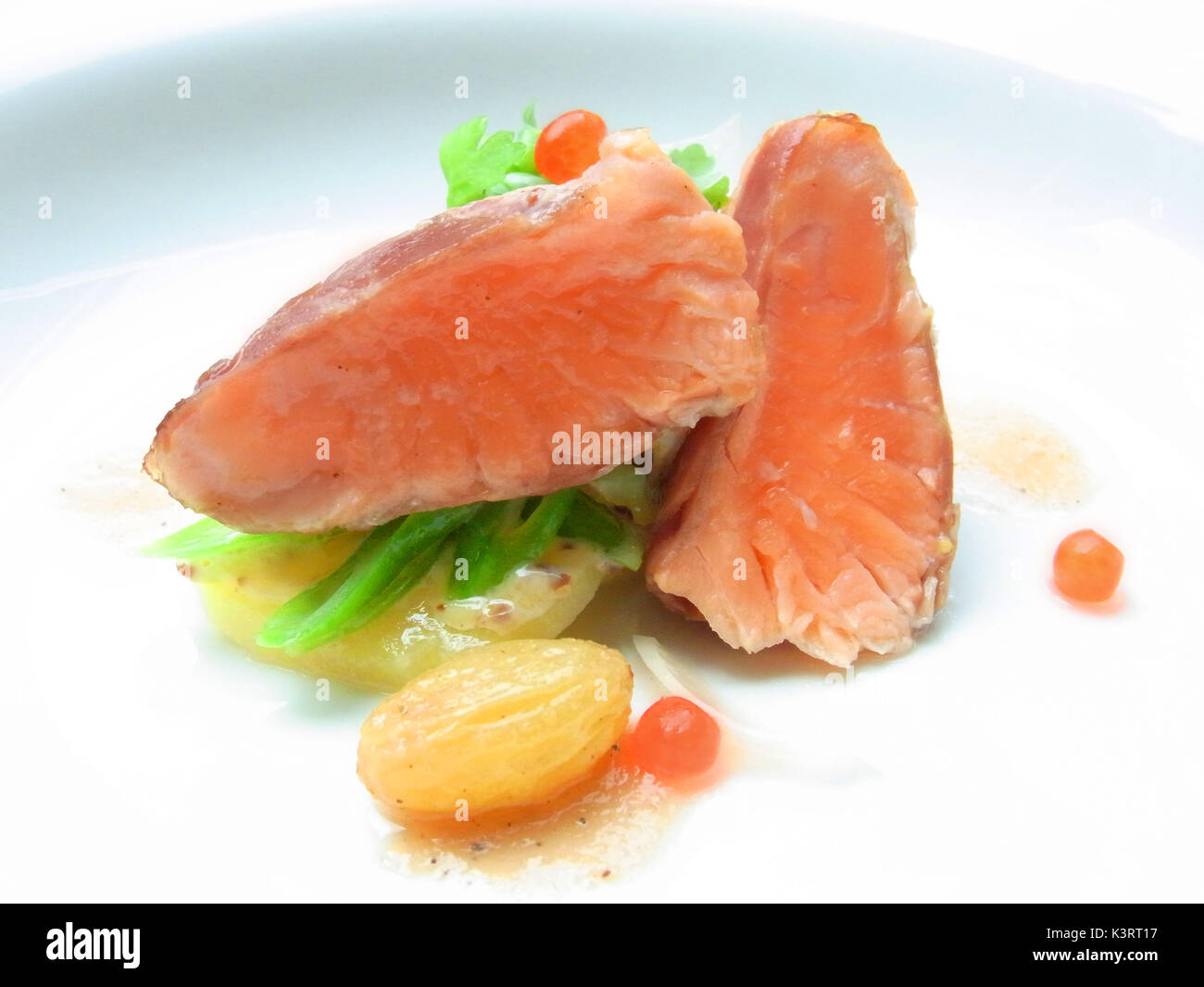 salmon grilled steak serve with salmon roe and vegetable Stock Photo ...