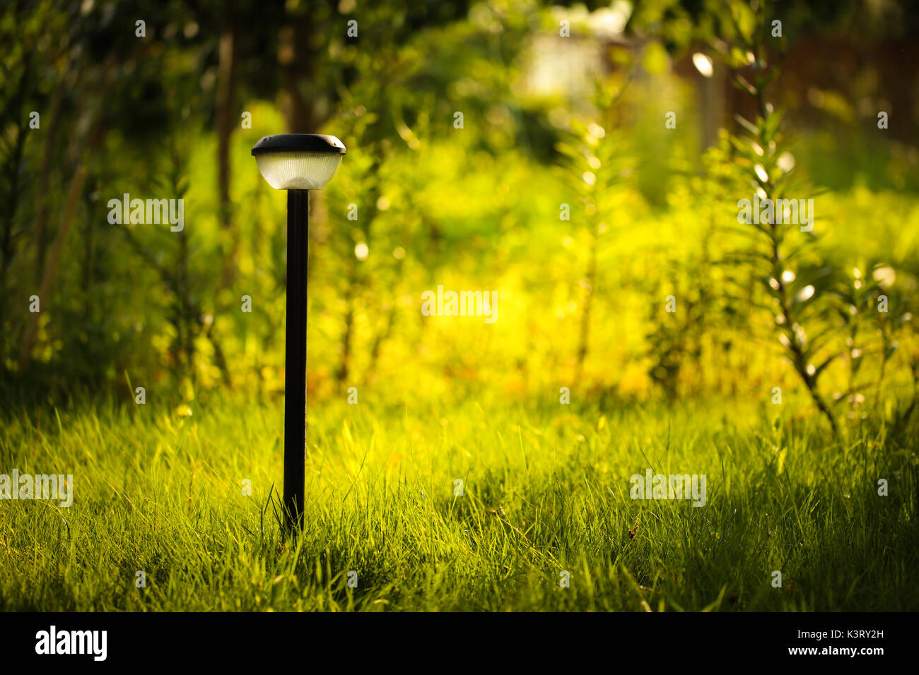 Plastic garden flashlight standing on the ground in the garden green ...
