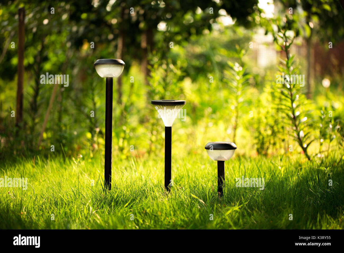 Plastic garden flashlight standing on the ground in the garden green ...