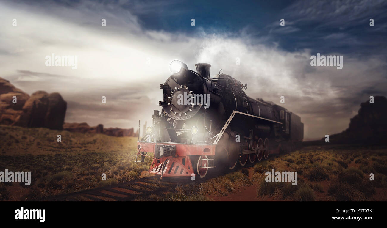 Old steam train, travel in valley. Vintage locomotive. Railway engine ...