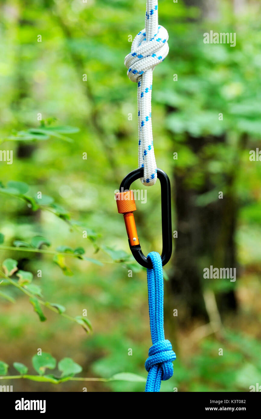 Carabiner with rope on nature background. Climbing uquipment.Climbing ...