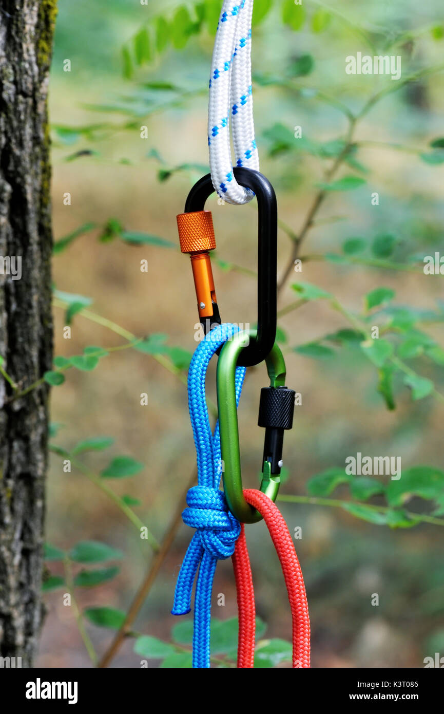 Carabiner with rope on nature background. Climbing uquipment.Climbing ...