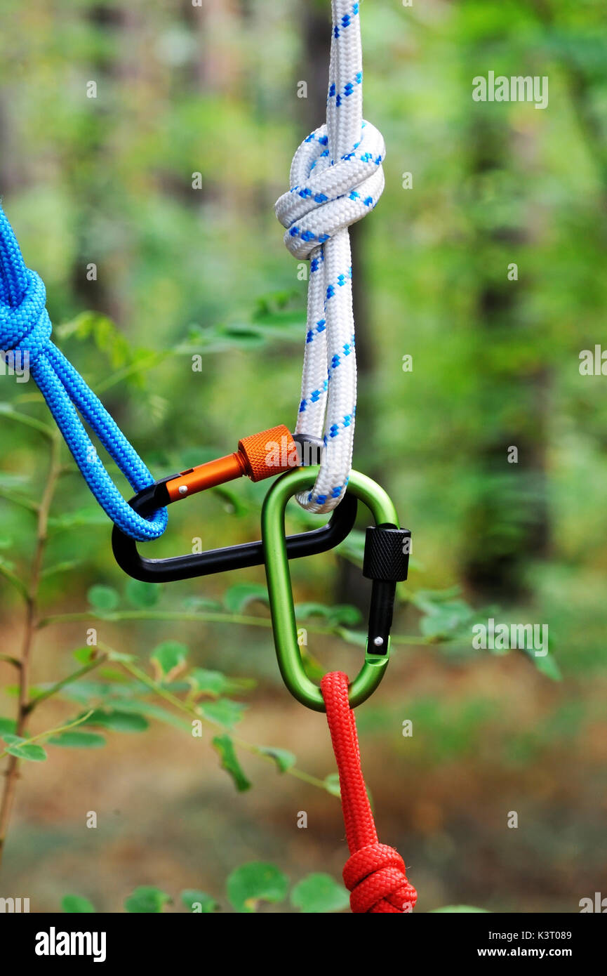 Carabiner with rope on nature background. Climbing uquipment.Climbing ...