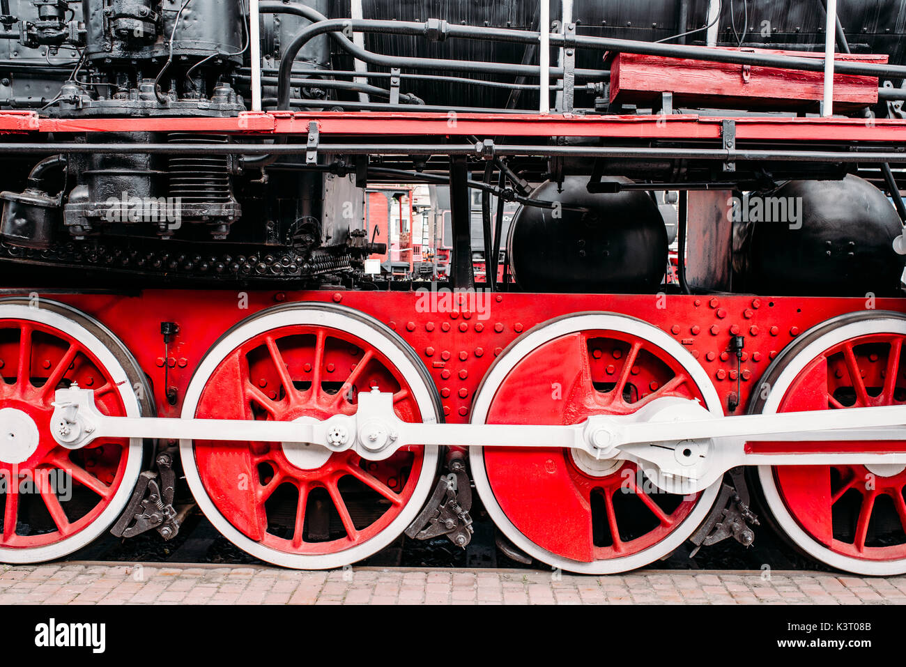 Old steam train, red wheels closeup. Vintage locomotive. Railway engine ...