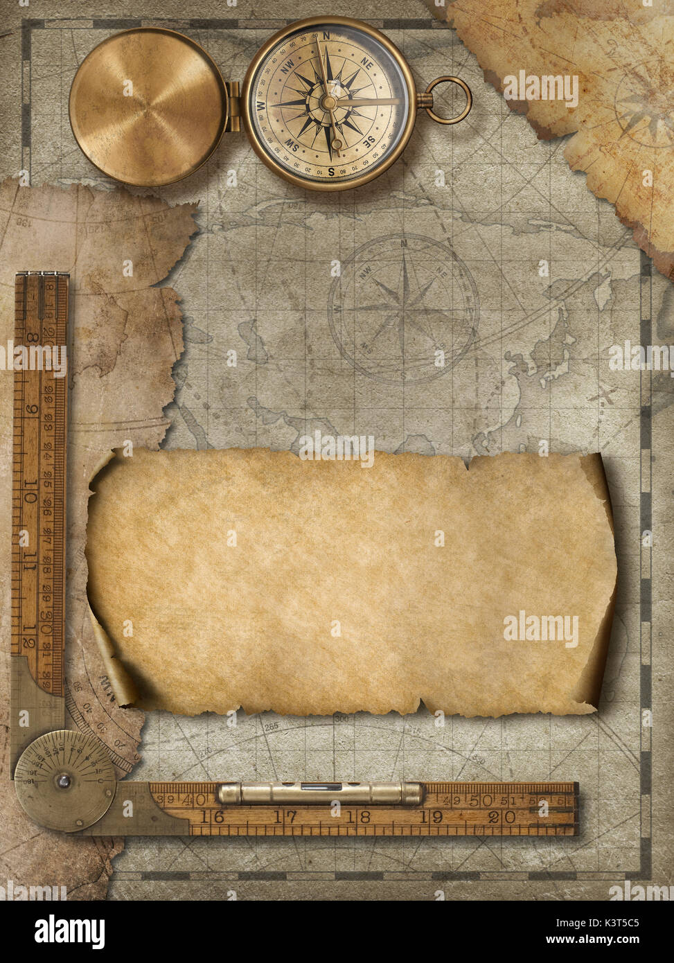 Old map background with compass. Adventure and travel concept. 3d ...