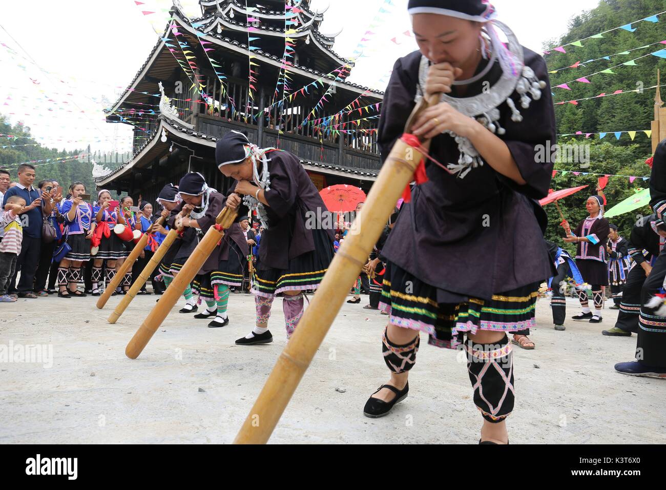 Huaihua. 3rd Sep, 2017. People of Dong ethnic group gather to blow reed ...
