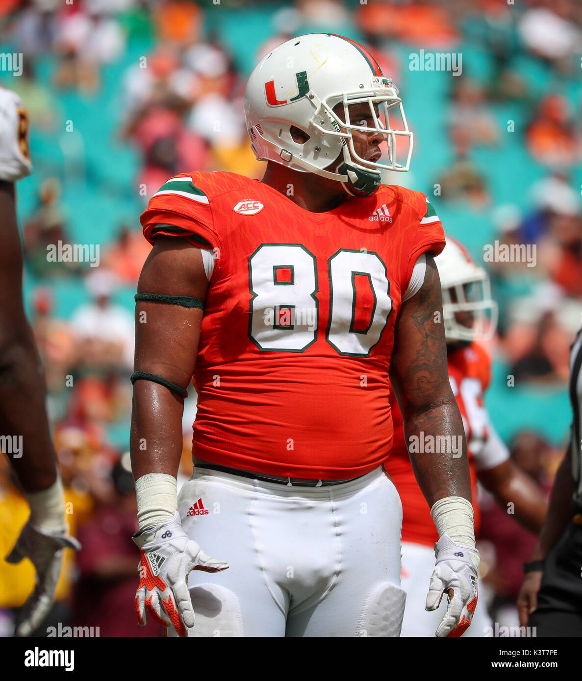 Miami Gardens, Florida, USA. 02nd Sep, 2017. Miami Hurricanes defensive ...