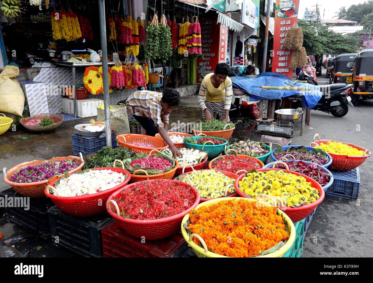KERALA, INDIA - SEPTEMBER 3: Flower merchants to sweetwallahs do a ...