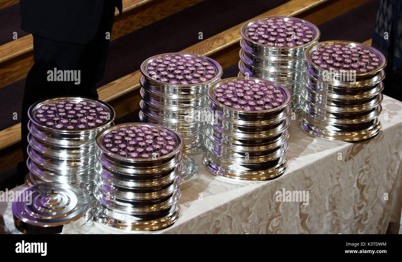 New York, New York, USA. 3rd Sep, 2017. A view of communion plates at ...