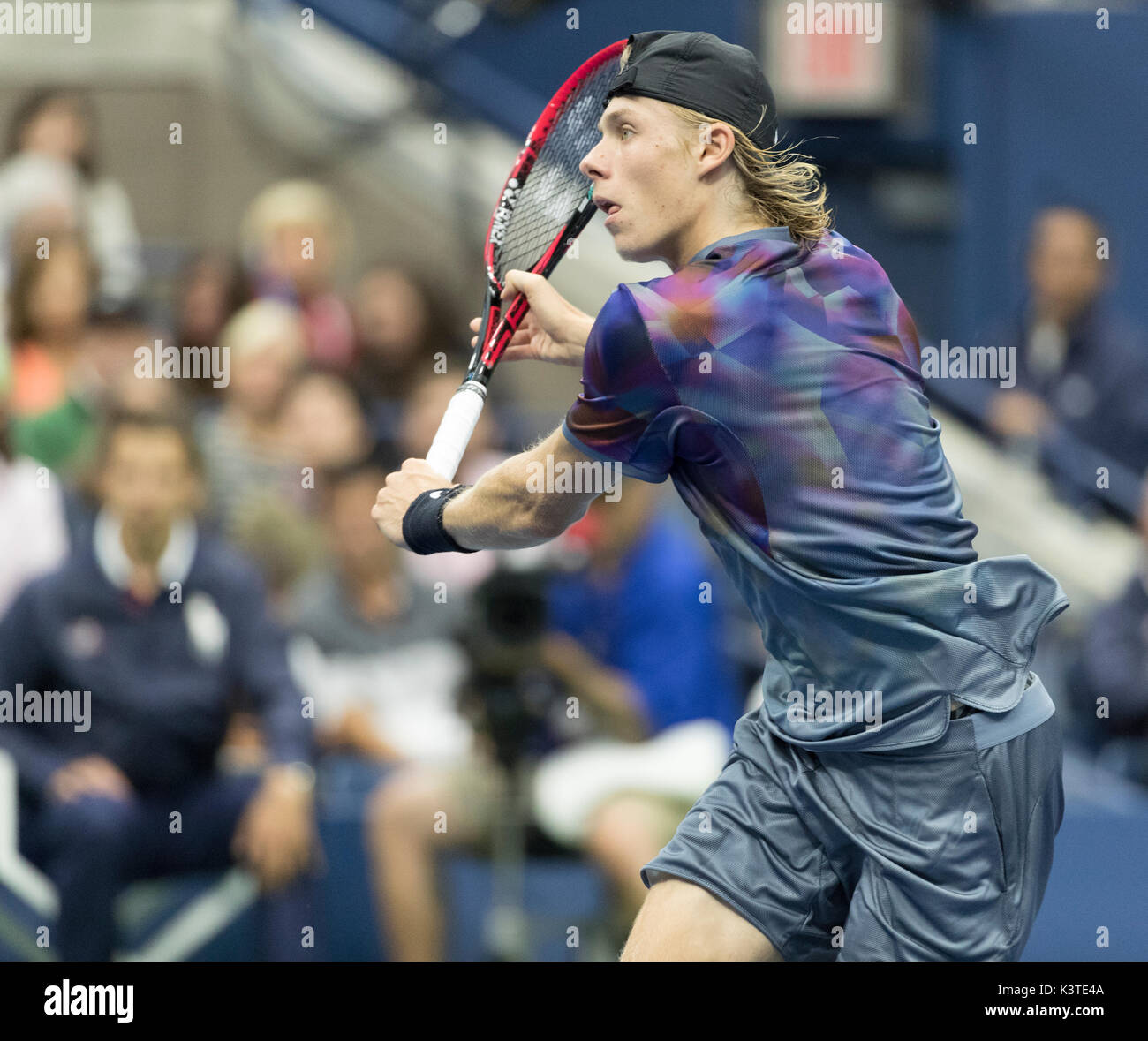 New York, NY USA - September 3, 2017: Denis Shapovalov of Canada returns ball during match ...