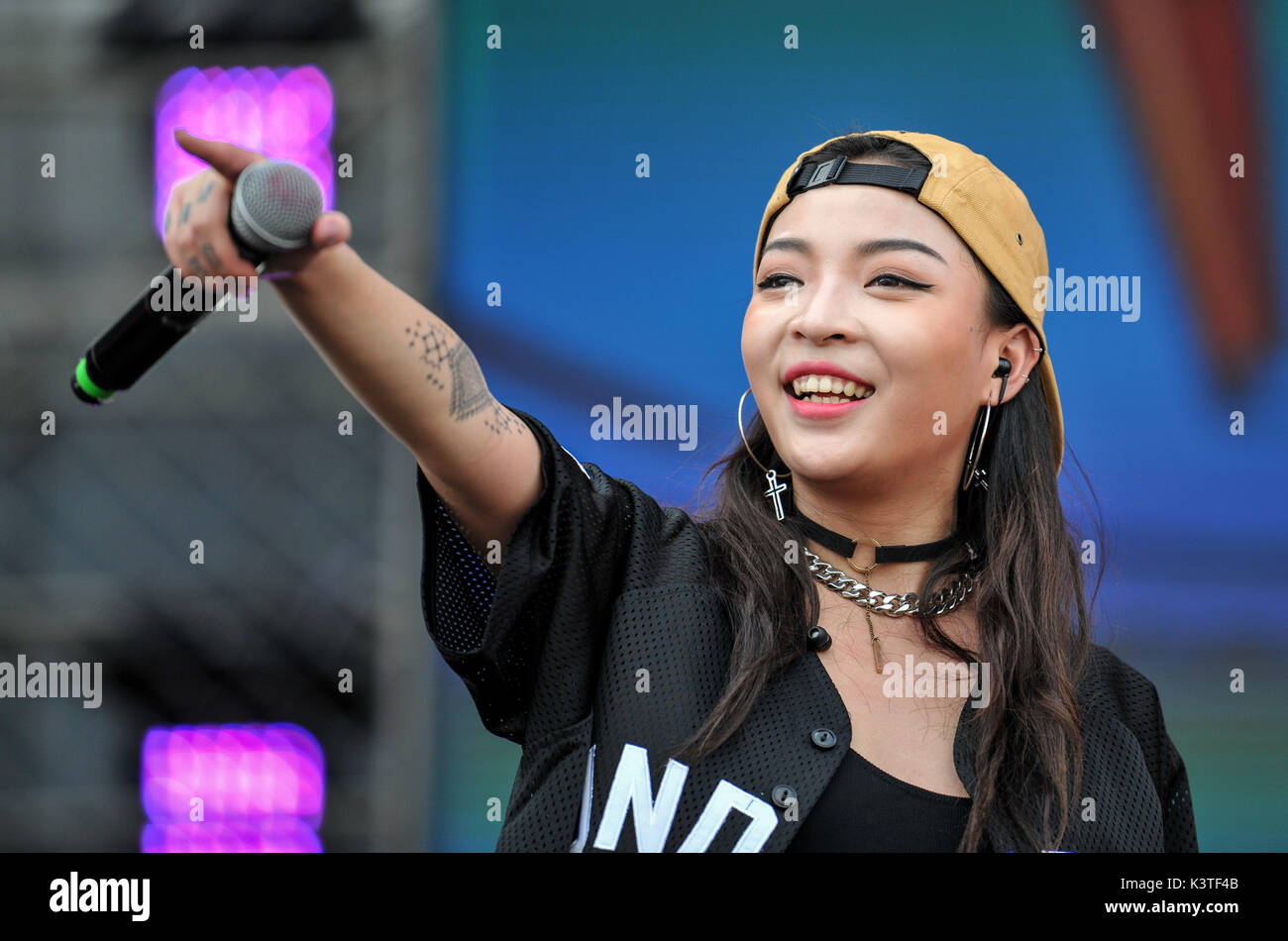 Chengdu, China's Sichuan Province. 2nd Sep, 2017. Hip-hop singer VAVA performs at the 2017 MDSK ...