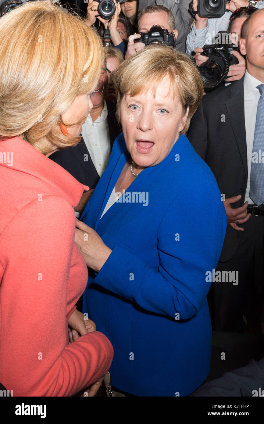 Berlin, Germany. 03rd Sep, 2017. Dr. Angela Merkel (R) happy after TV ...