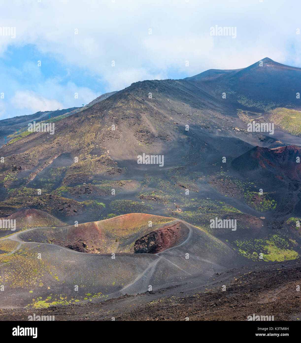 Path between summer Etna volcano mountain craters, Sicily, Italy. Two ...