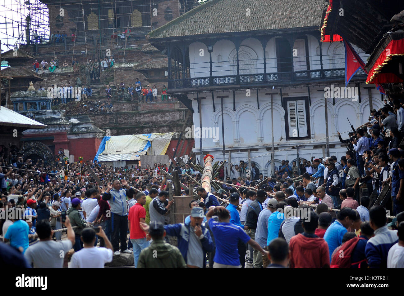 Kathmandu, Nepal. 03rd Sep, 2017. Nepalese devotees pulling rope to ...