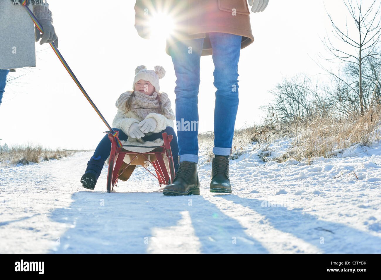 Parents pull child with sled in the snow while walking in the park in ...