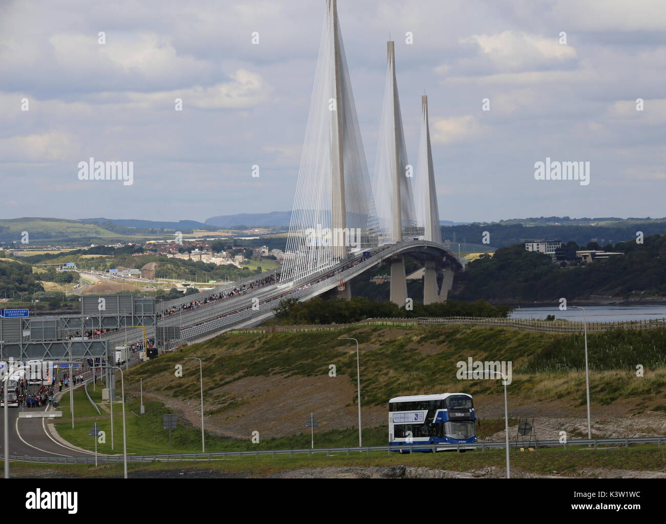 Shuttle bus with Queensferry Crossing bridge during Queensferry ...