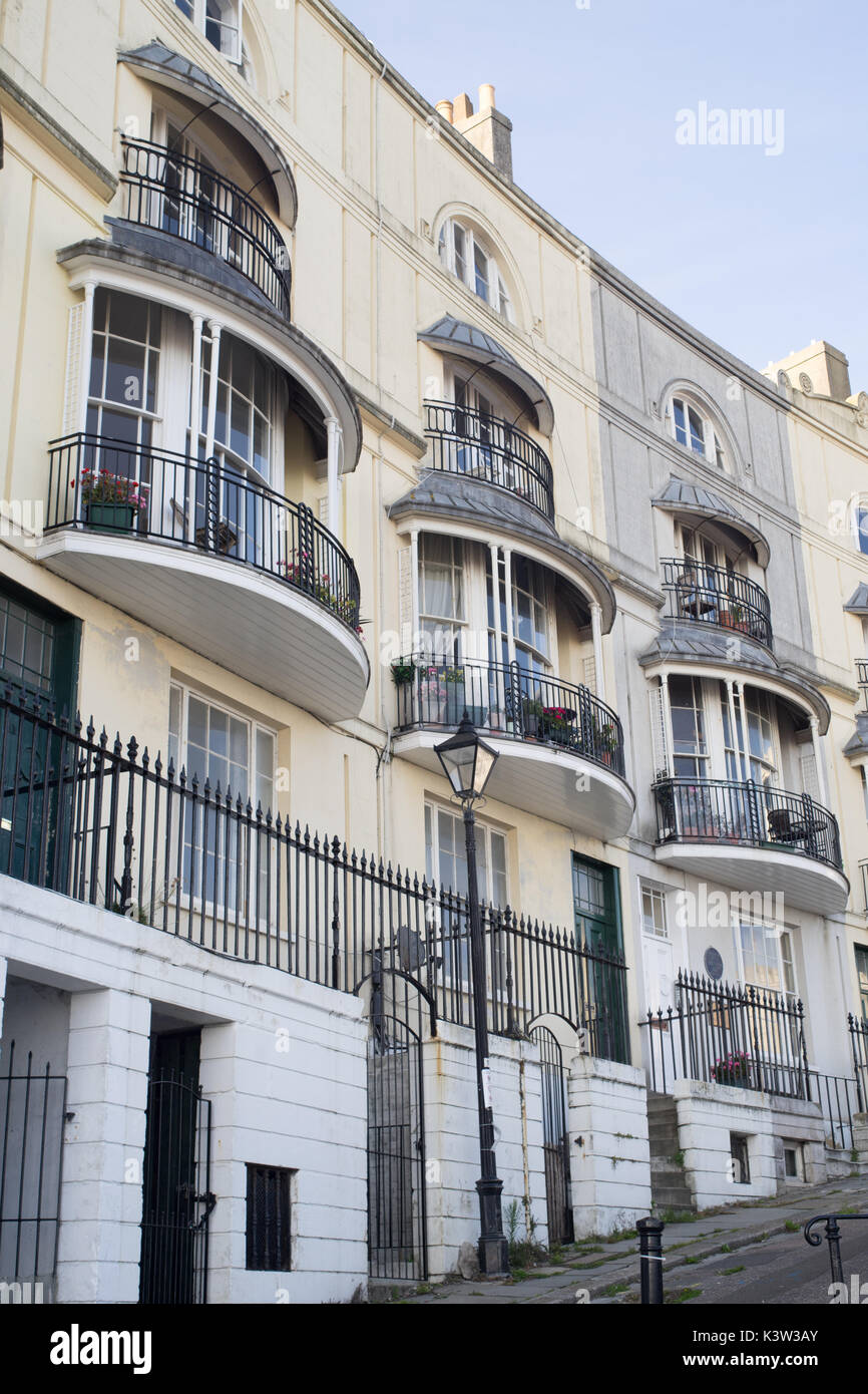 Middle class buildings with balconies on Hastings sea front, UK Stock ...