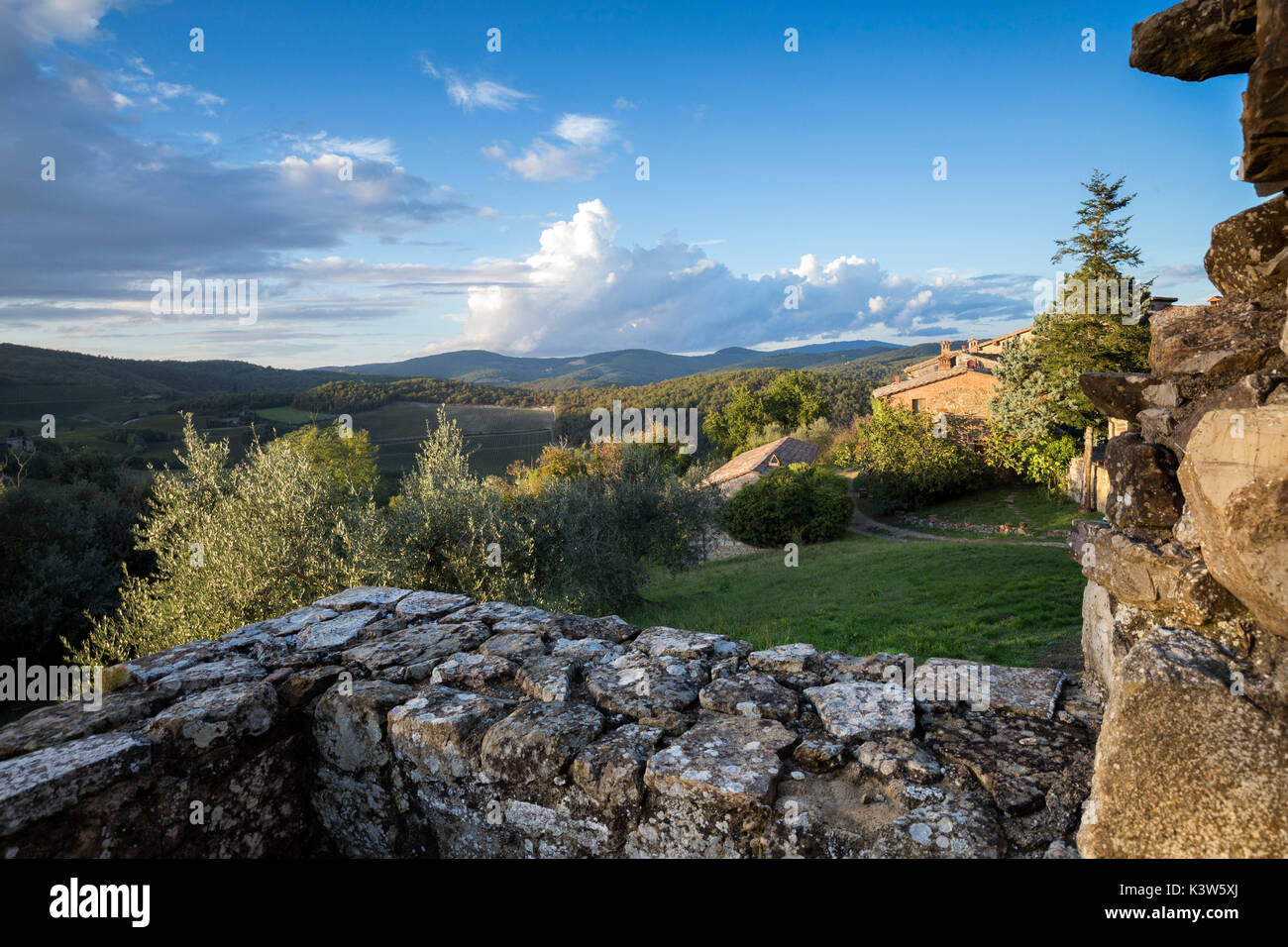 Last sun of the day illuminates small village of Carpineto. Carpineto ...