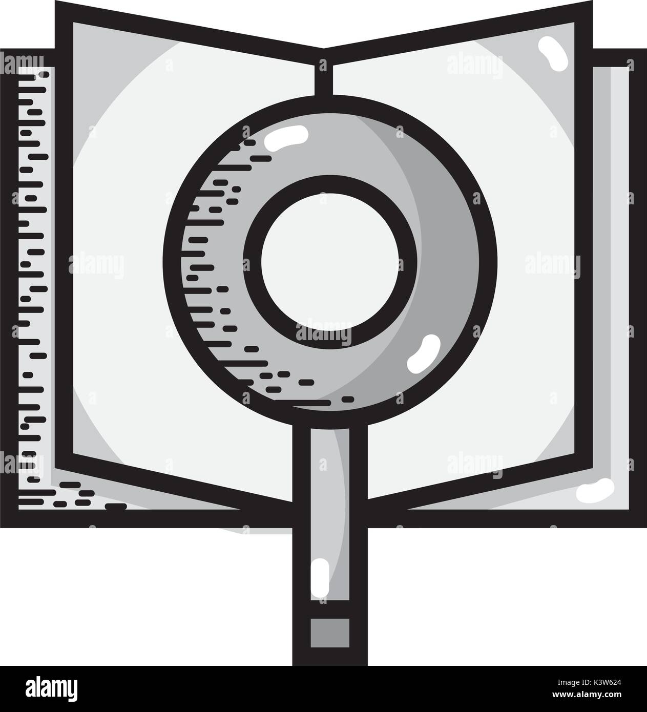 grayscale book with magnifying glass and paper page Stock Vector Image ...