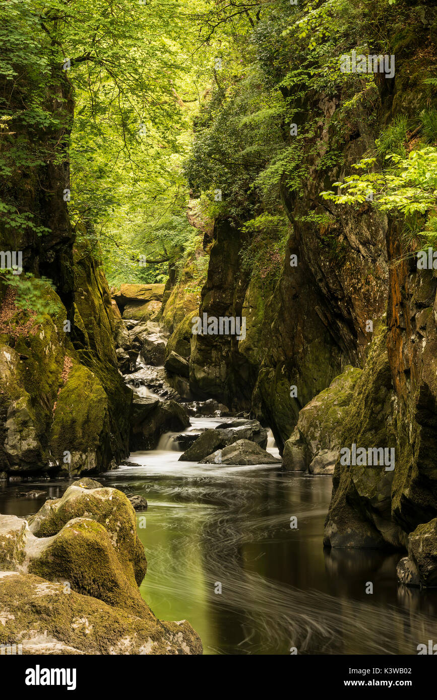 Beautiful landscape with river flowing through deep sided gorge with ...