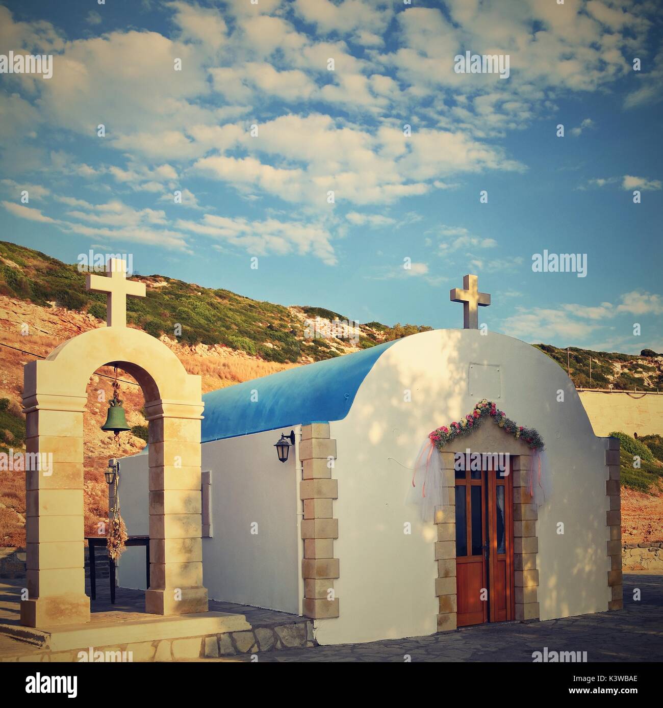 Beautiful little Greek chapel at sunset on the island of Crete - Greece ...