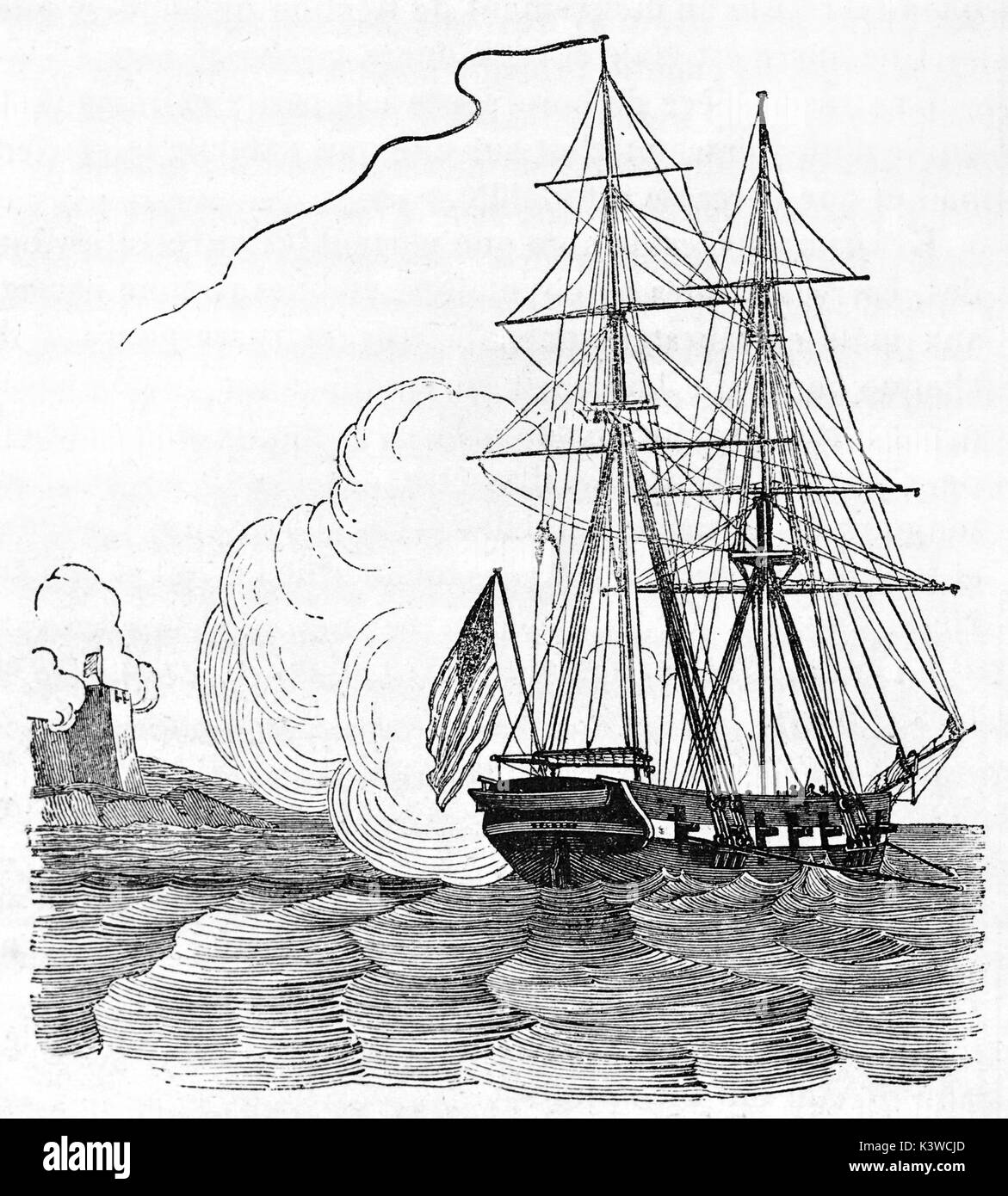 Old illustration of a Brig schooner U.S. flagged seen from the stern ...