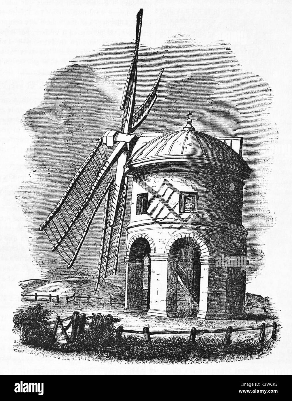 Old illustration of Chesterton windmill, stone tower windmill with ...