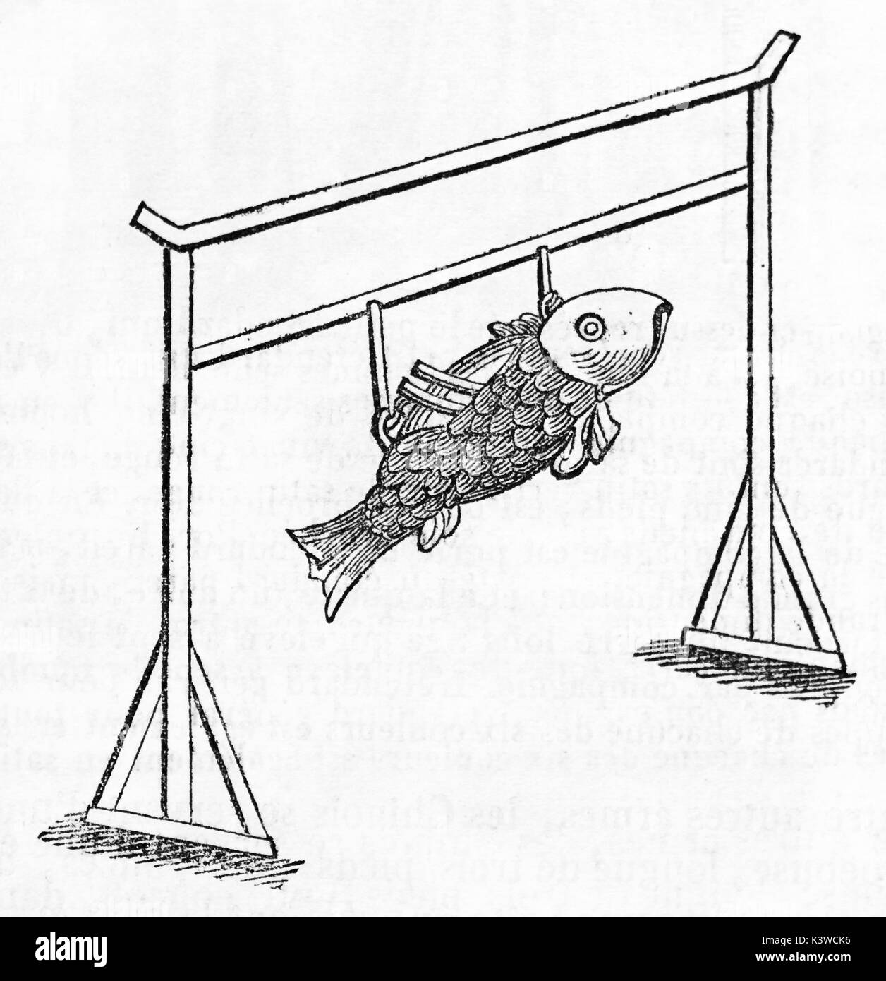 Old illustration of an antique chinese wooden hollow musical instrument ...