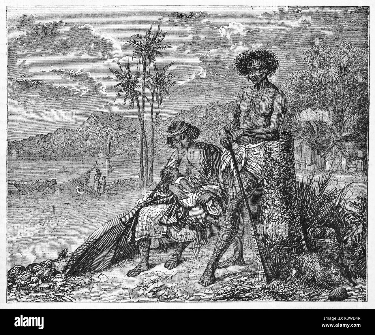 Old illustration of Tahitian family. After drawing of A. Golin ...