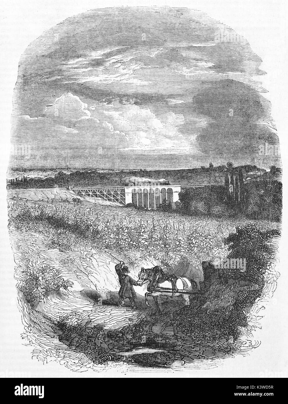 Old illustrration of Val Fleury viaduct, along Paris-Versailles railway ...