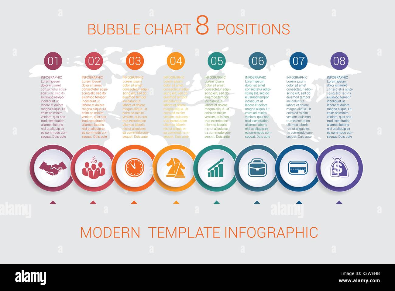 Charts business infographic step by step 8 positions colorful bubbles ...