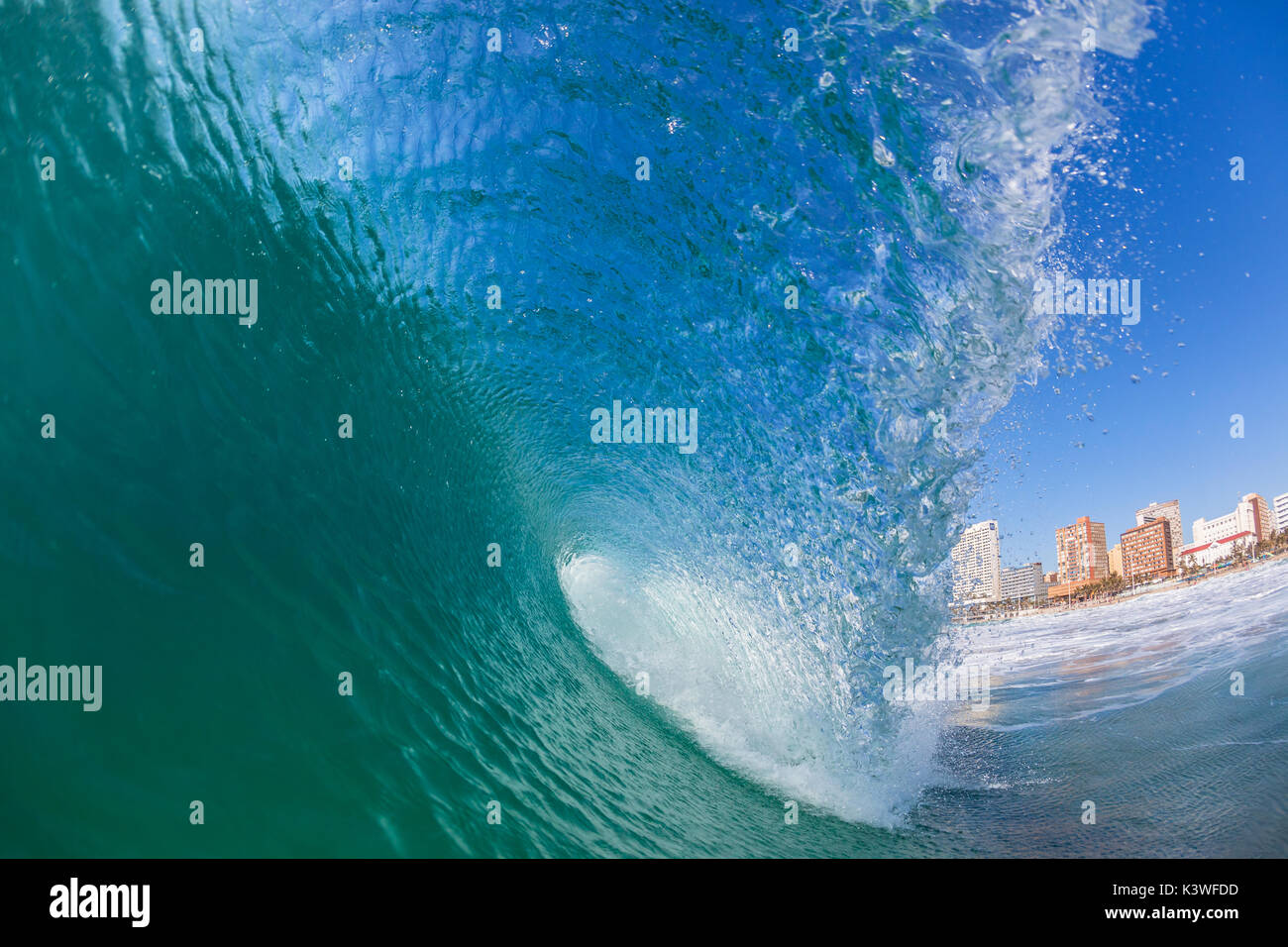 Ocean wave power surfing surfer view inside out hollow crashing tube ...