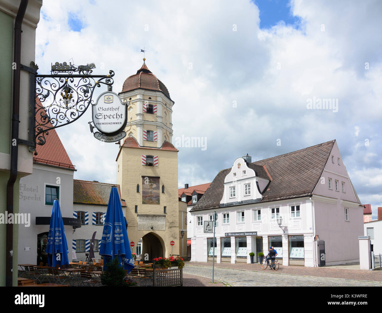 square Stadtplatz, city gate Oberes Tor (Upper Gate), Aichach, Schwaben ...