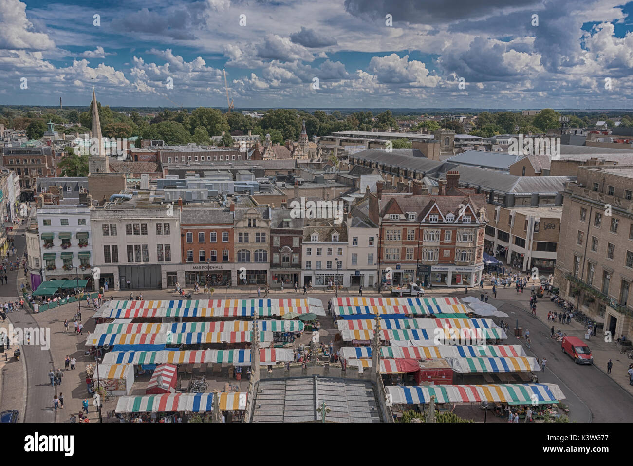Street Market in Cambridge city center centre from the tower of St ...