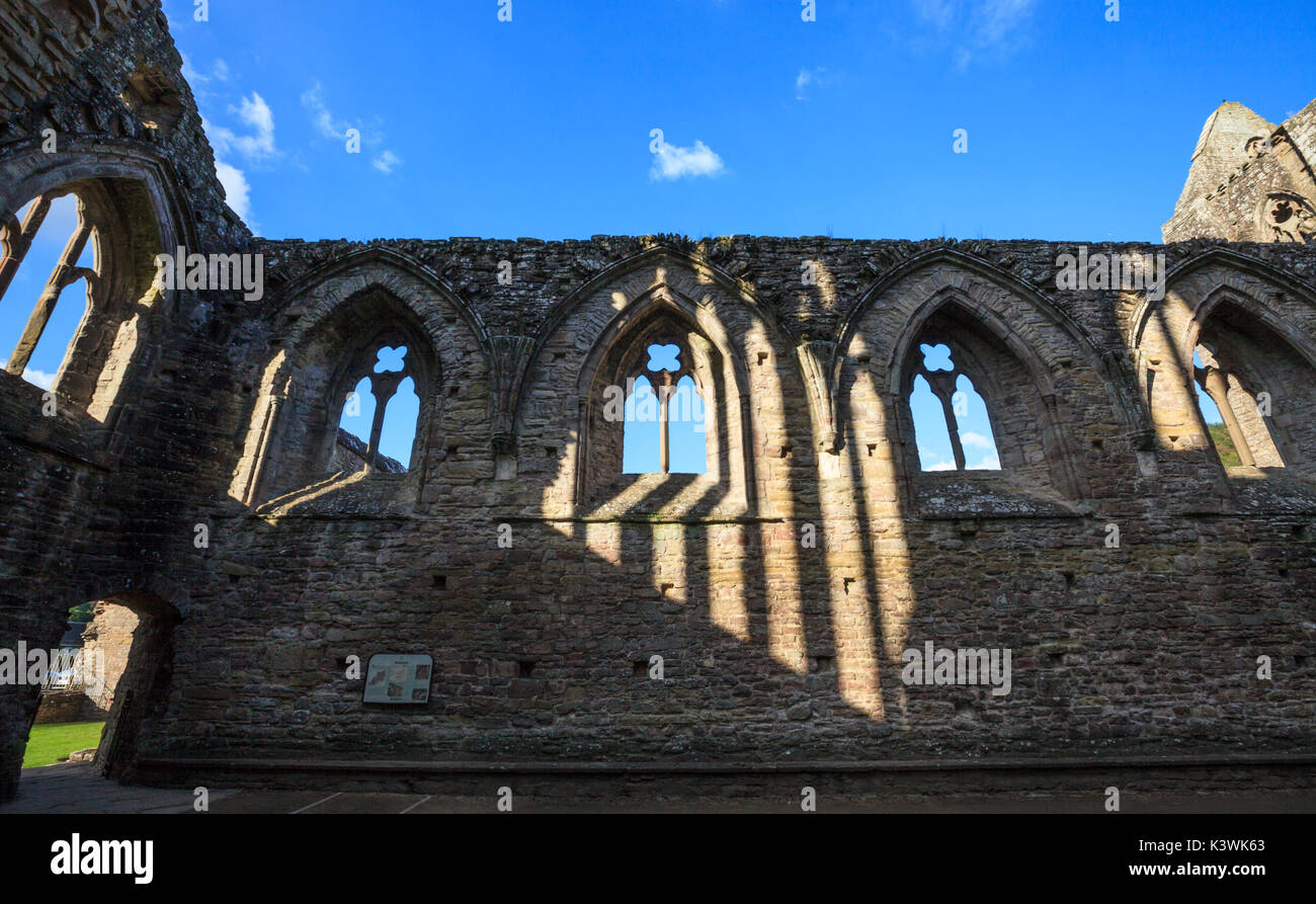The ruined arched windows of Tintern Abbey, Monmouthshire, Wales Stock ...