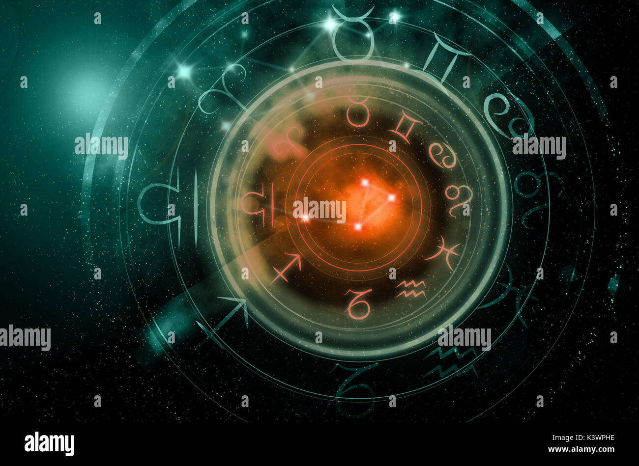 astrology signs on dark space background Stock Photo - Alamy