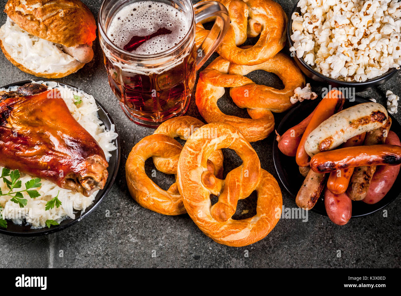 Selection of traditional German food Oktoberfest. Beer, baked pork ...